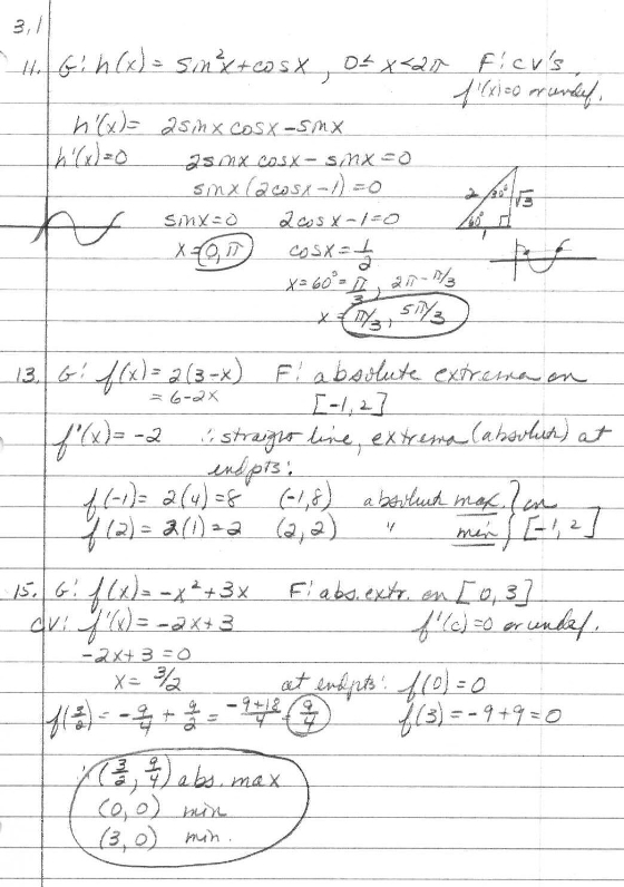 AP CALCULUS homework - Ch 3.1 Extrema on an Interval