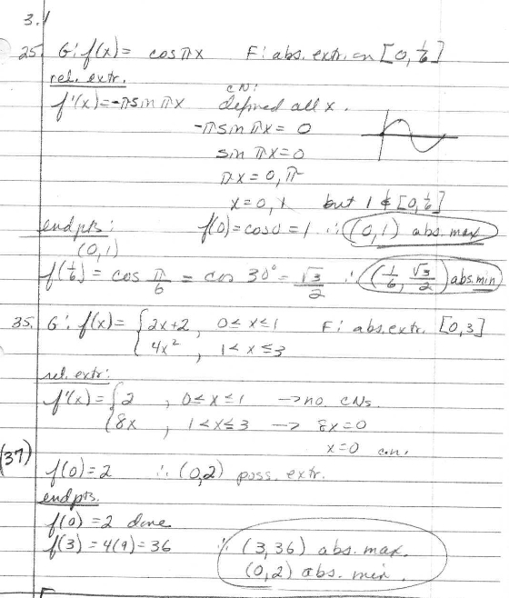 AP CALCULUS homework - Ch 3.1 Extrema on an Interval